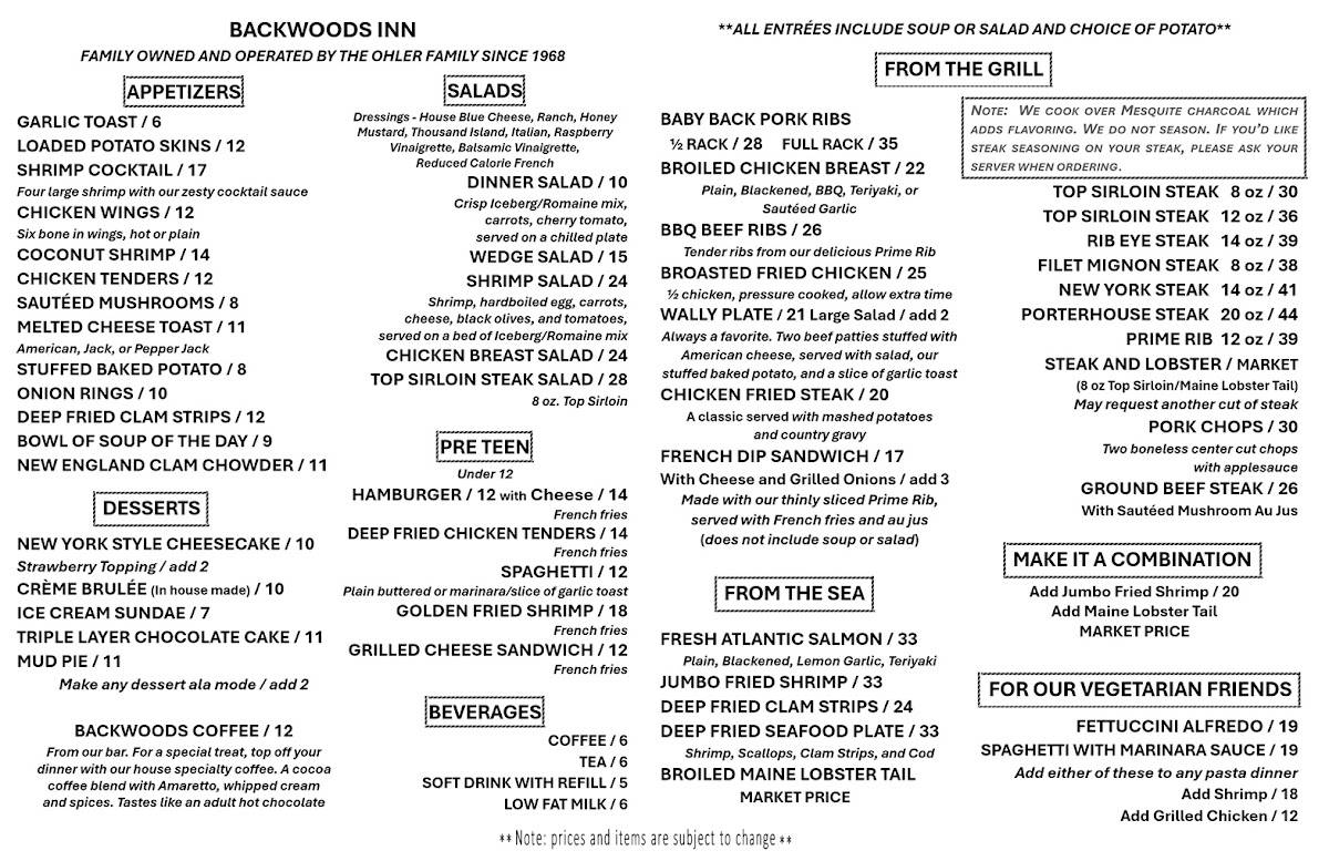 Menu at Backwoods Inn pub & bar, Santa Clarita