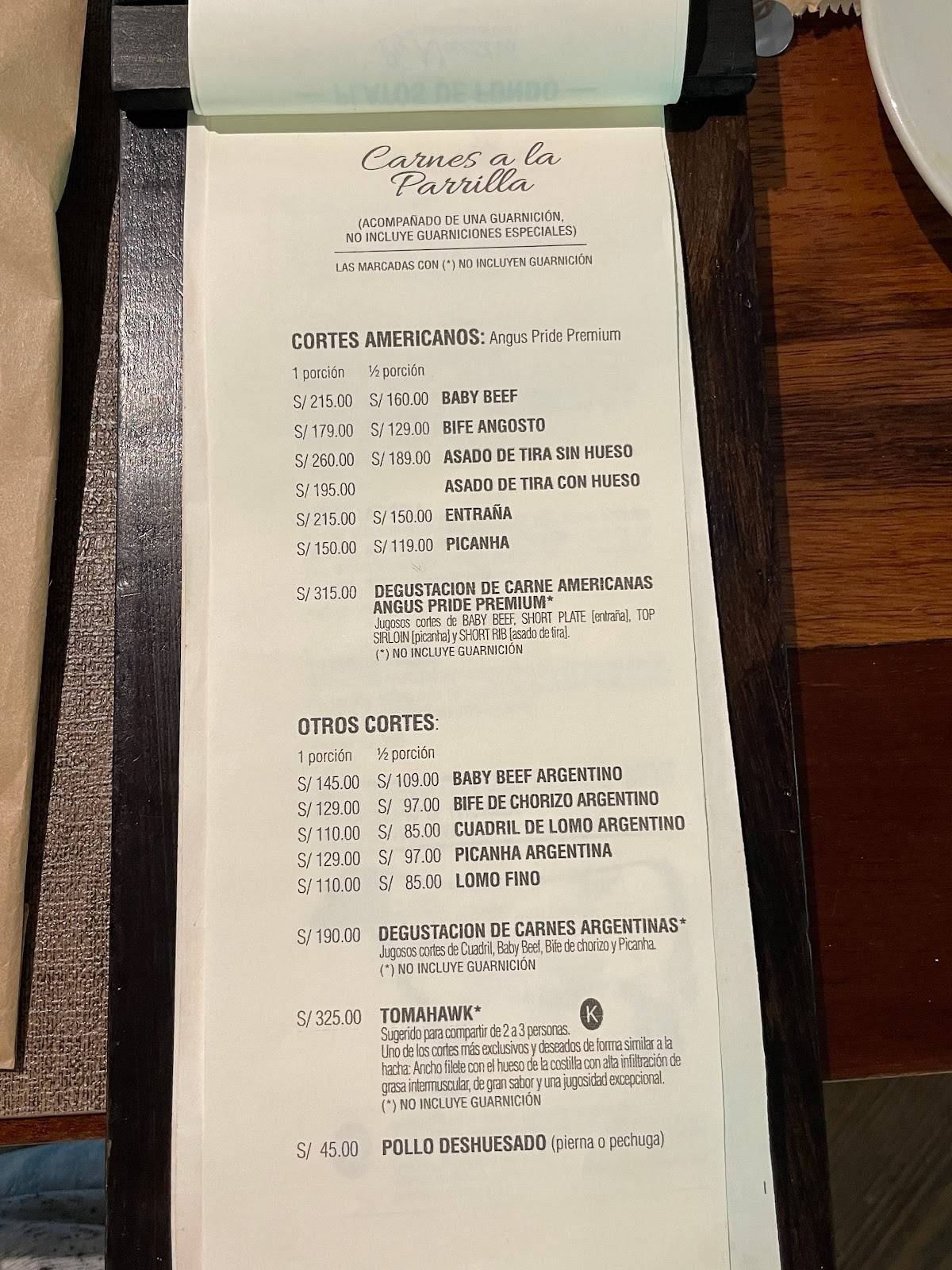Carta del restaurante Baco y Vaca | San Isidro, Lima