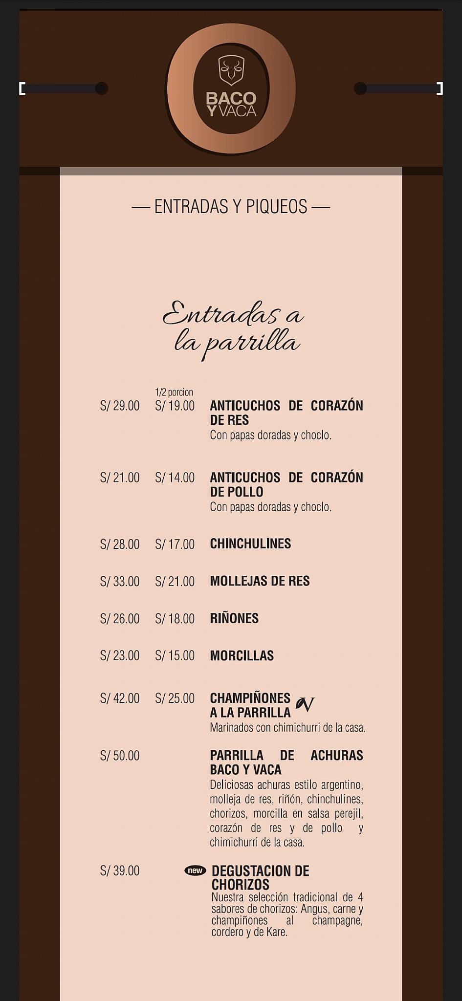 Carta del restaurante Baco y Vaca | San Isidro, Lima