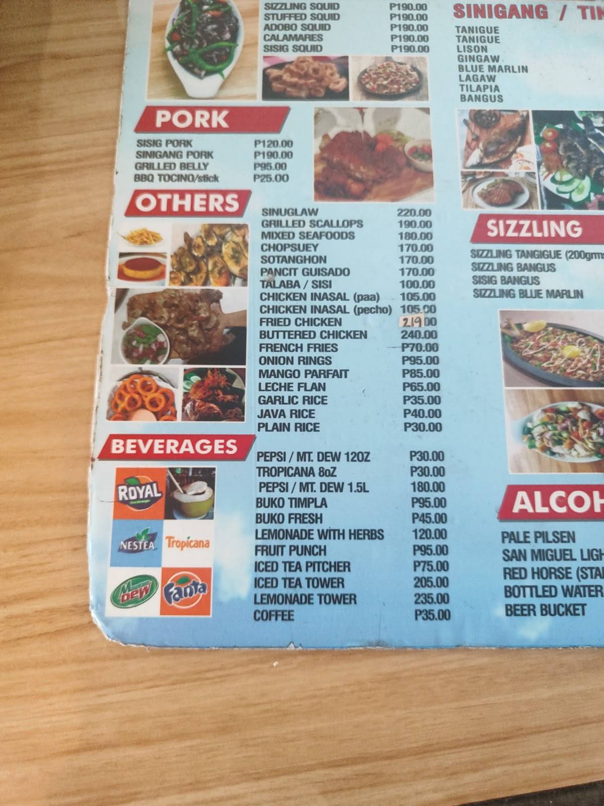 Menu at Rojo's Beach Resort and Floating Restaurant, Bacolod