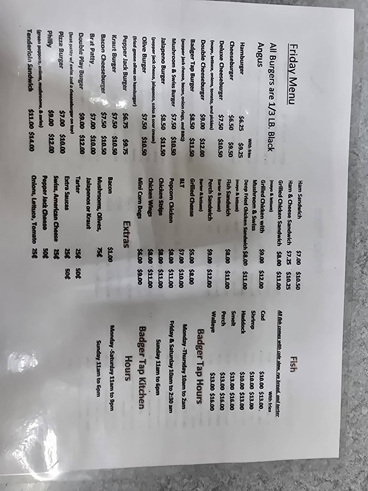 Menu at Badger Tap pub & bar, Embarrass