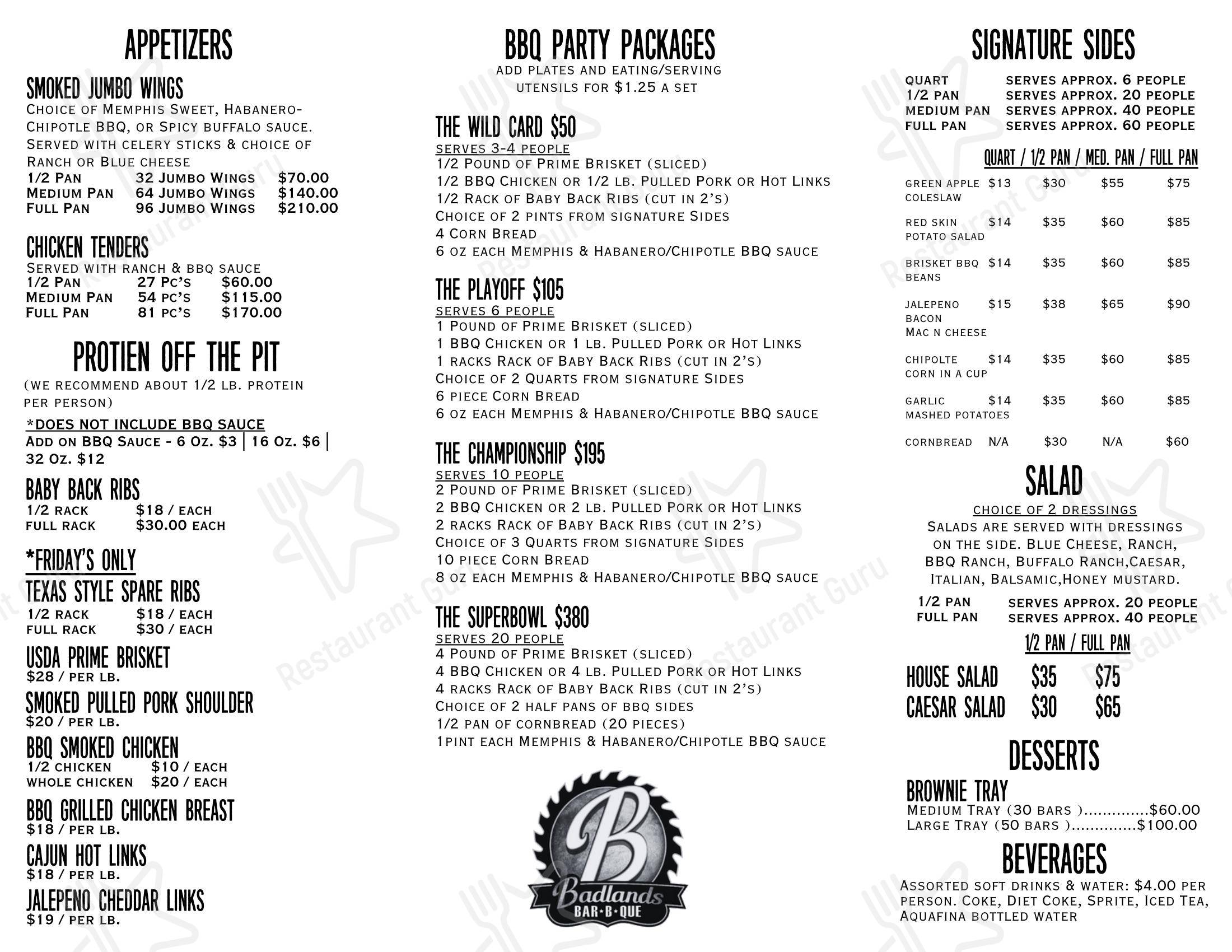 Menu at Badlands BBQ, Norco