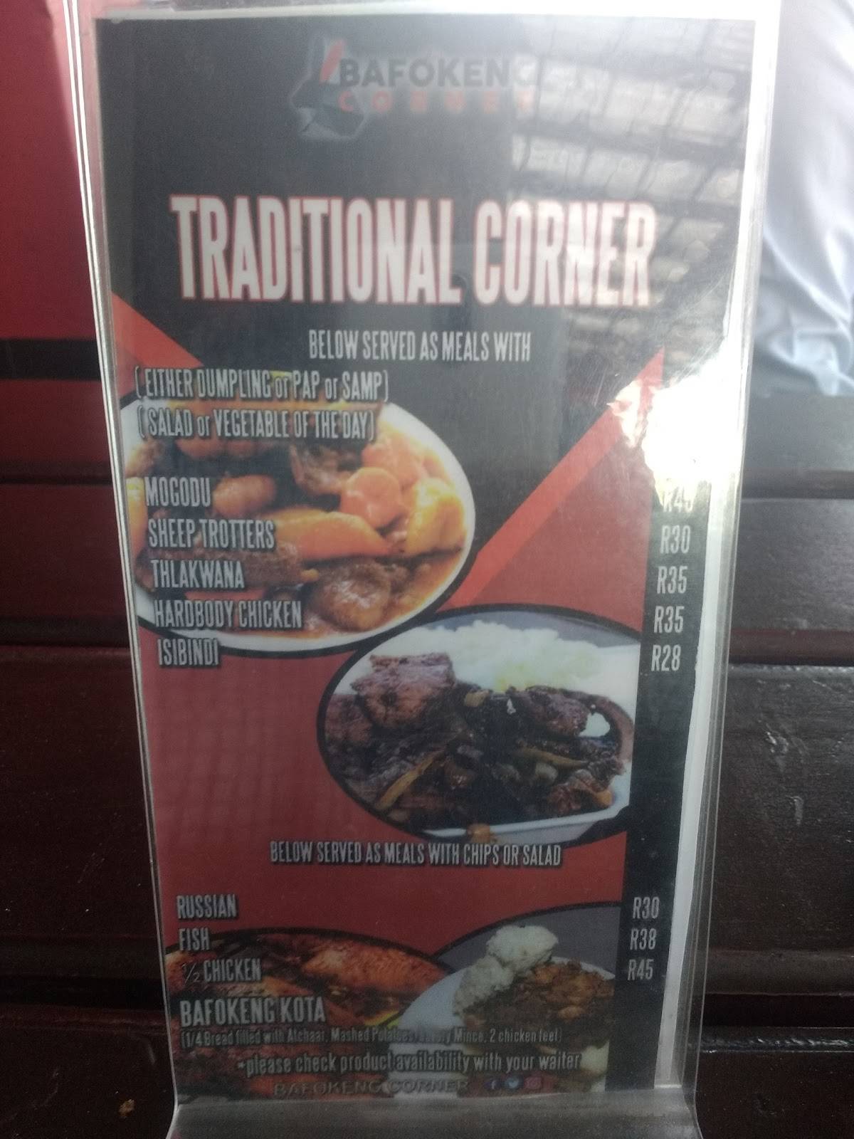 Menu at Bafokeng Corner pub & bar, Soweto