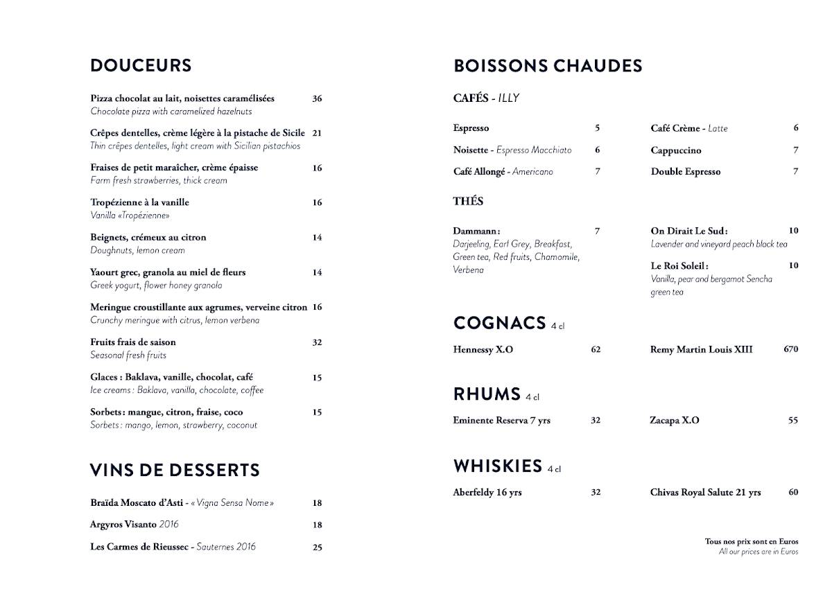 Menu at Bagatelle Mykonos, Mikonos