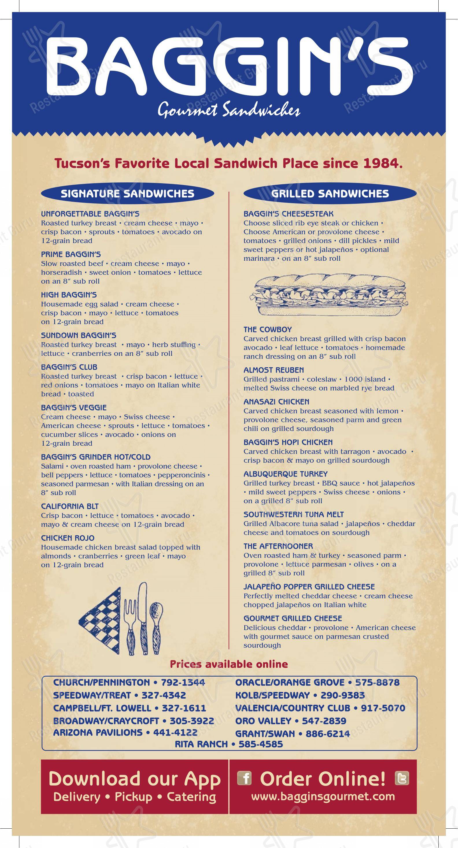 Menu at Baggin's Gourmet Sandwiches restaurant, Tucson, 11015 N Oracle Rd
