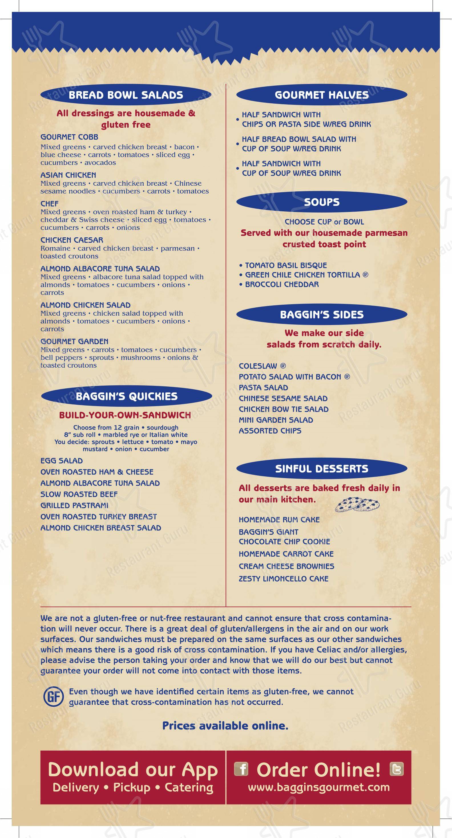 Menu at Baggin's Gourmet Sandwiches restaurant, Tucson, 11015 N Oracle Rd