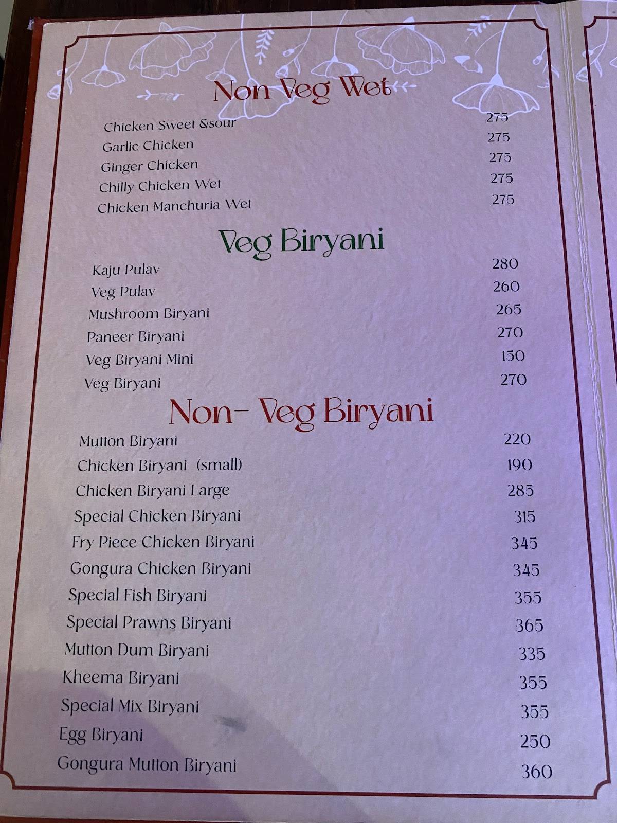 Menu at Bahar Biryani Cafe, Hyderabad, 8-15-142
