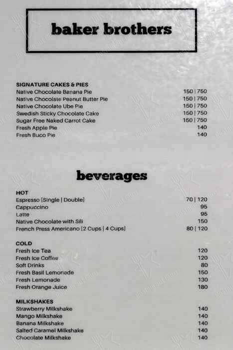 Menu at Baker Brothers, Taguig