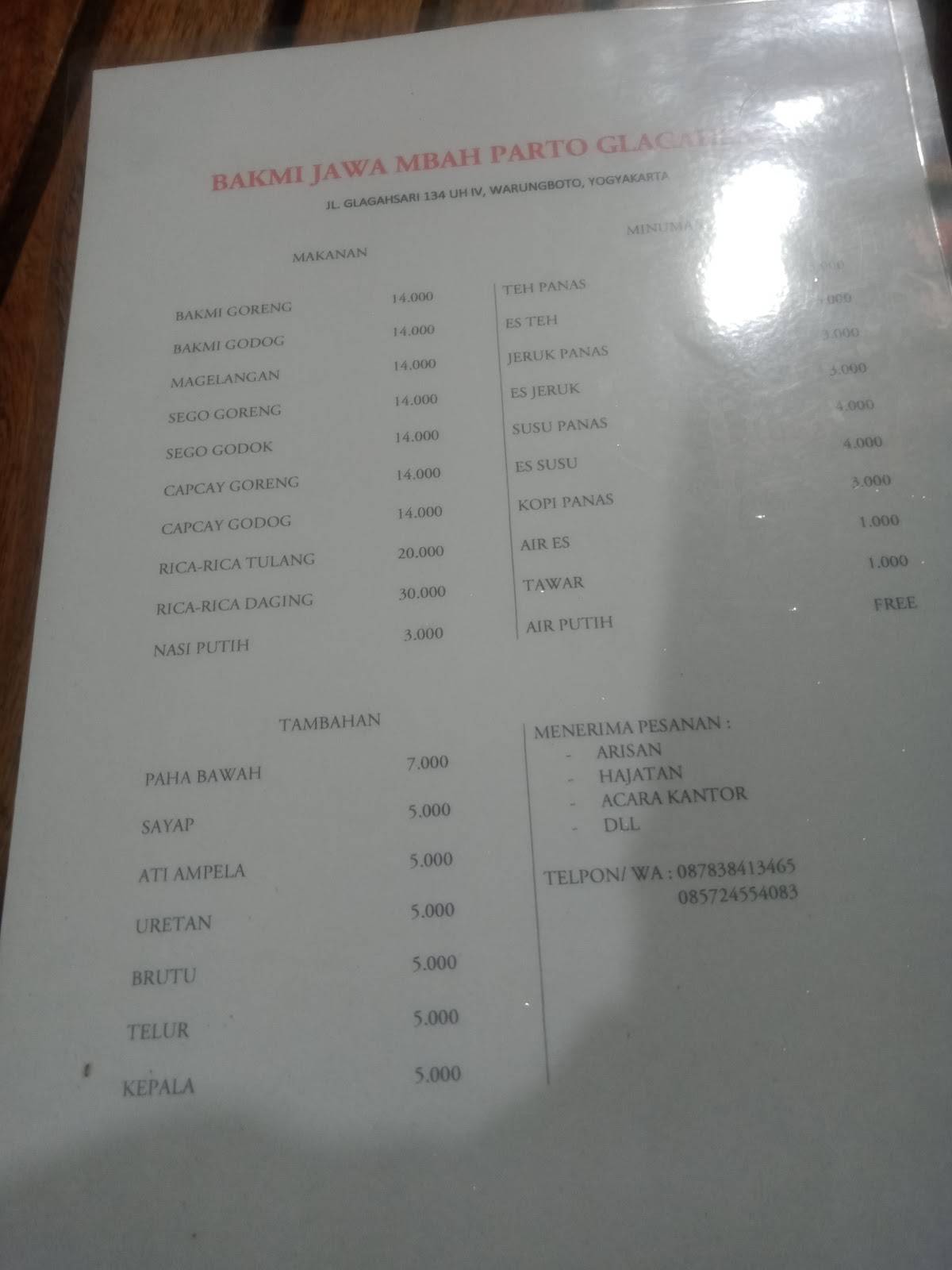 Menu at Bakmi Jawa Mbah Parto Asli restaurant, Yogyakarta
