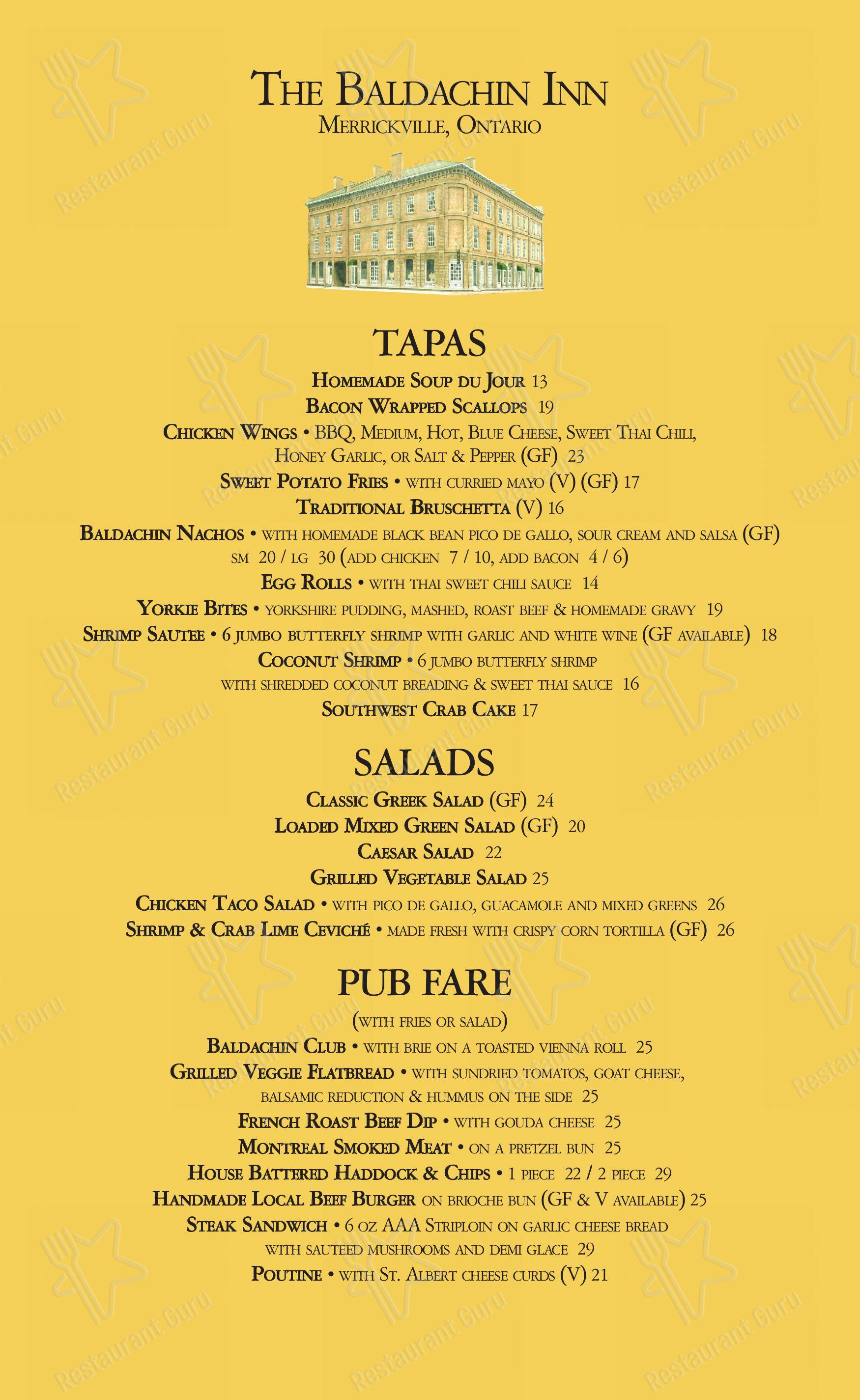 Menu at Baldachin Inn pub & bar, Merrickville