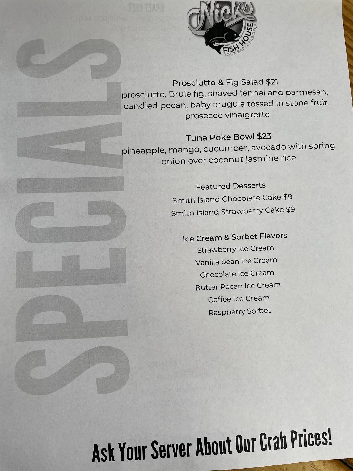 Menu at Nick's Fish House restaurant, Baltimore