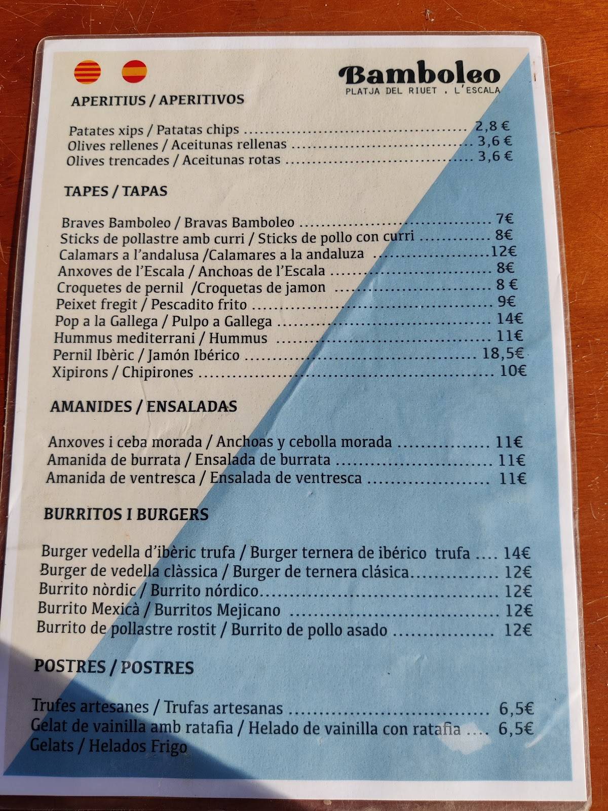 Menu at Bamboleo Xiringuito pub & bar, L'Escala