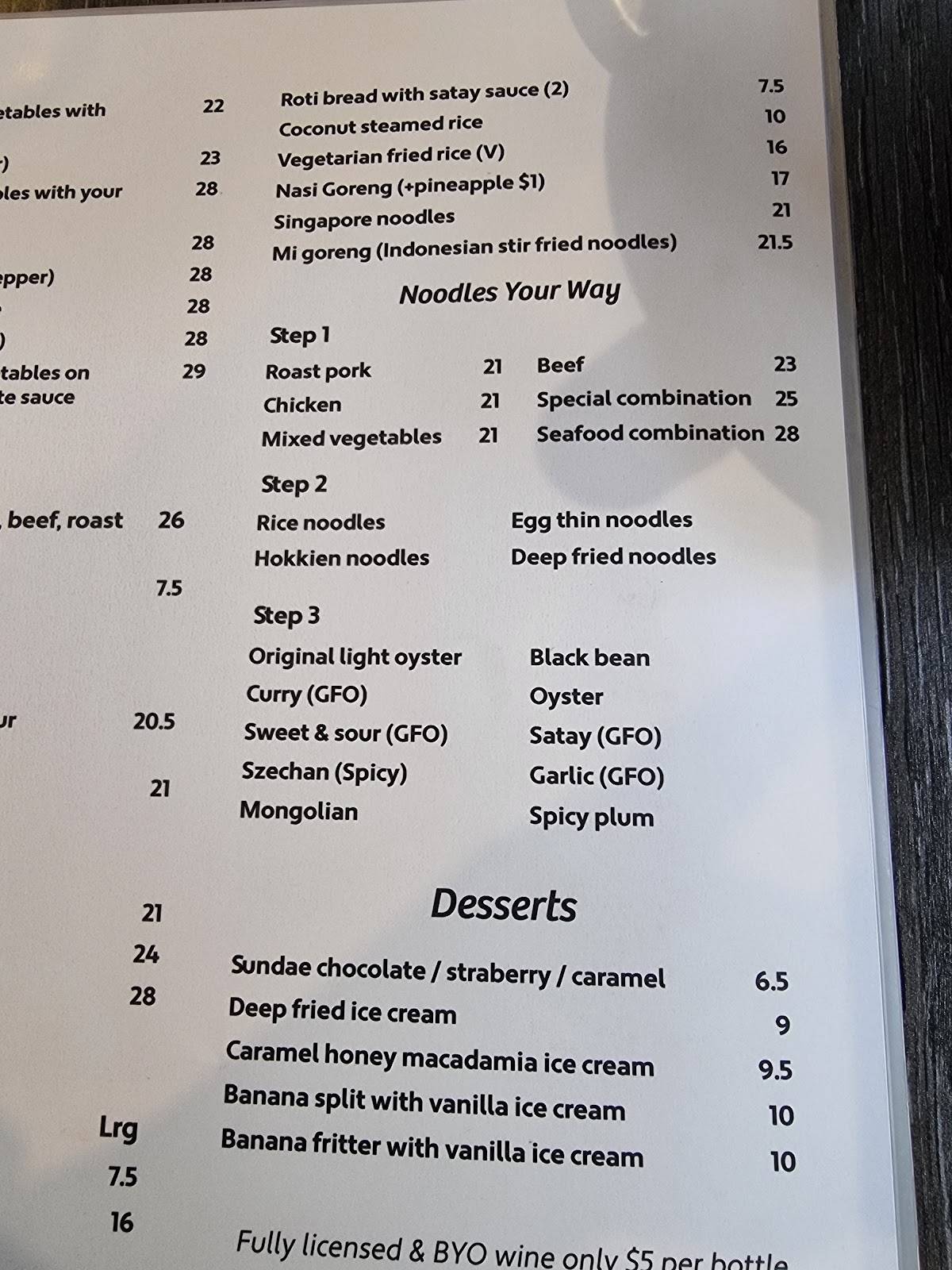 Menu at Bambu Bali restaurant, Mount Evelyn