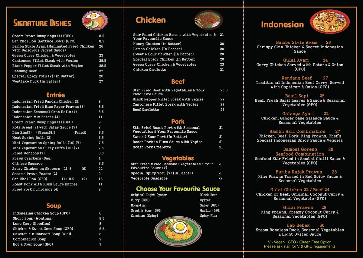 Menu at Bambu Bali restaurant, Mount Evelyn