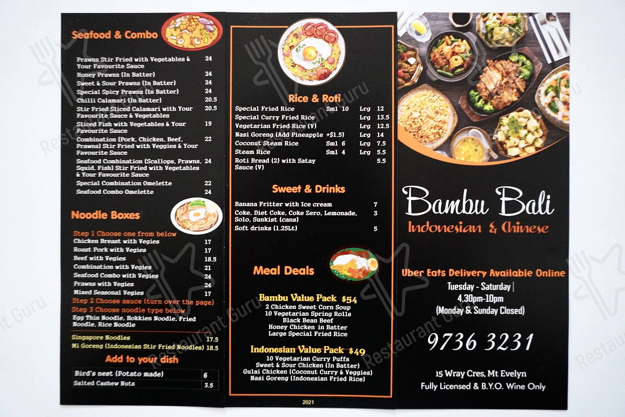 Menu at Bambu Bali restaurant, Mount Evelyn