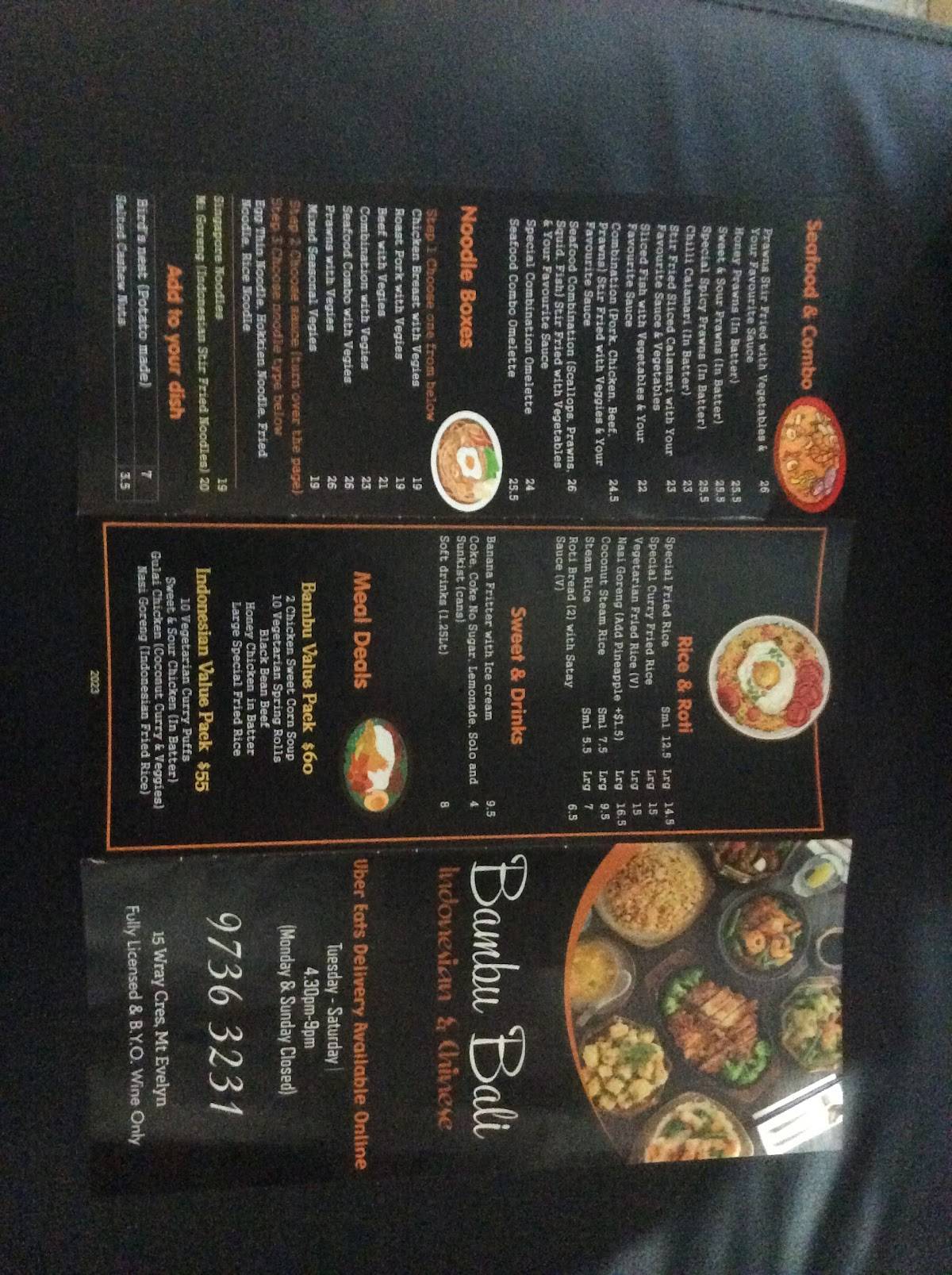 Menu at Bambu Bali restaurant, Mount Evelyn