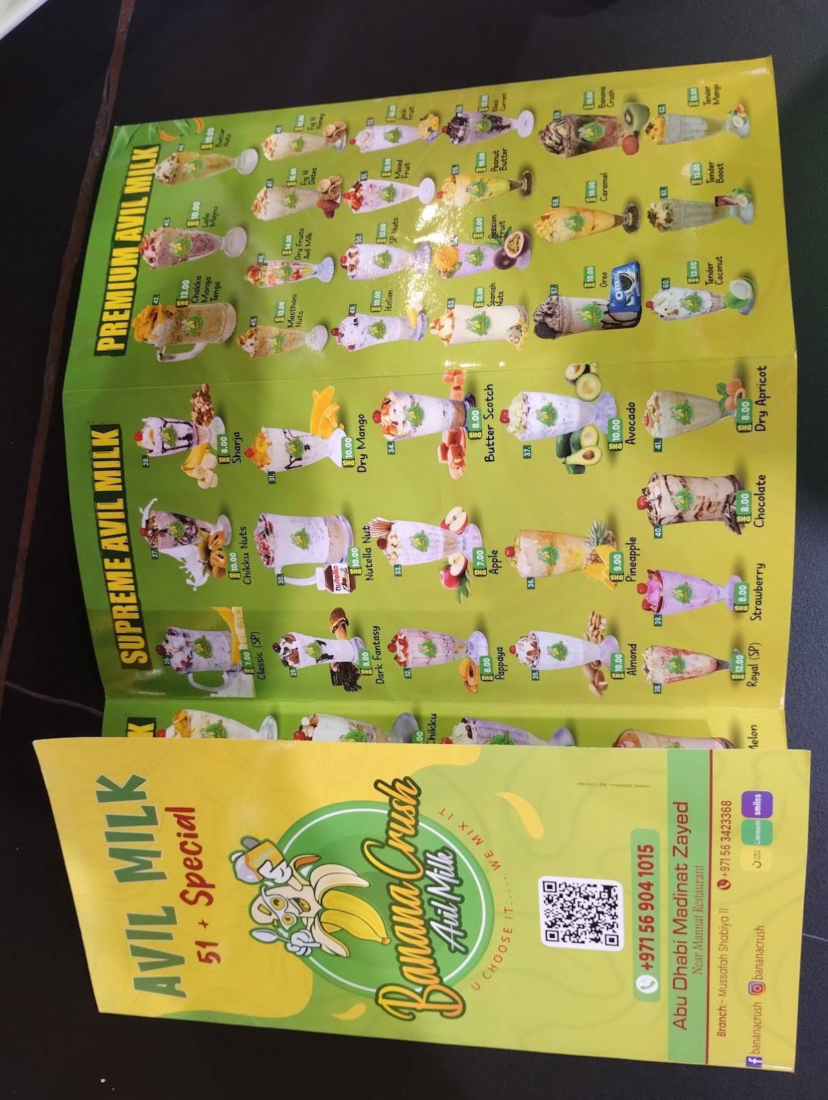 Carta del café Banana Crush Avil Milk Abudhabi, Abu Dabi