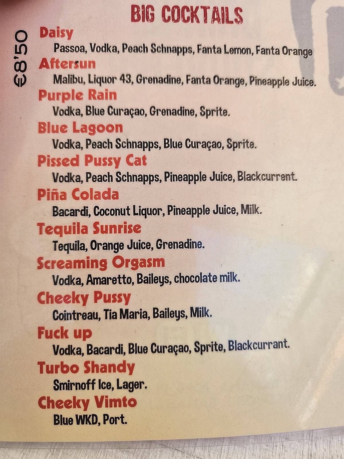 Menu at Banana joes's pub & bar, Palmanova