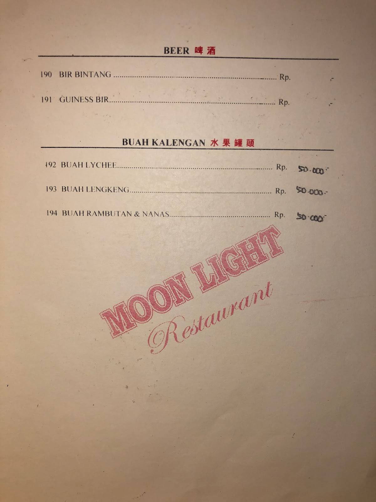 Menu at Moonlight Restaurant, Margasuka