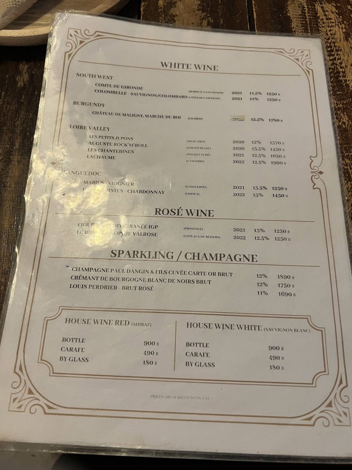 Menu at André restaurant, Bangkok