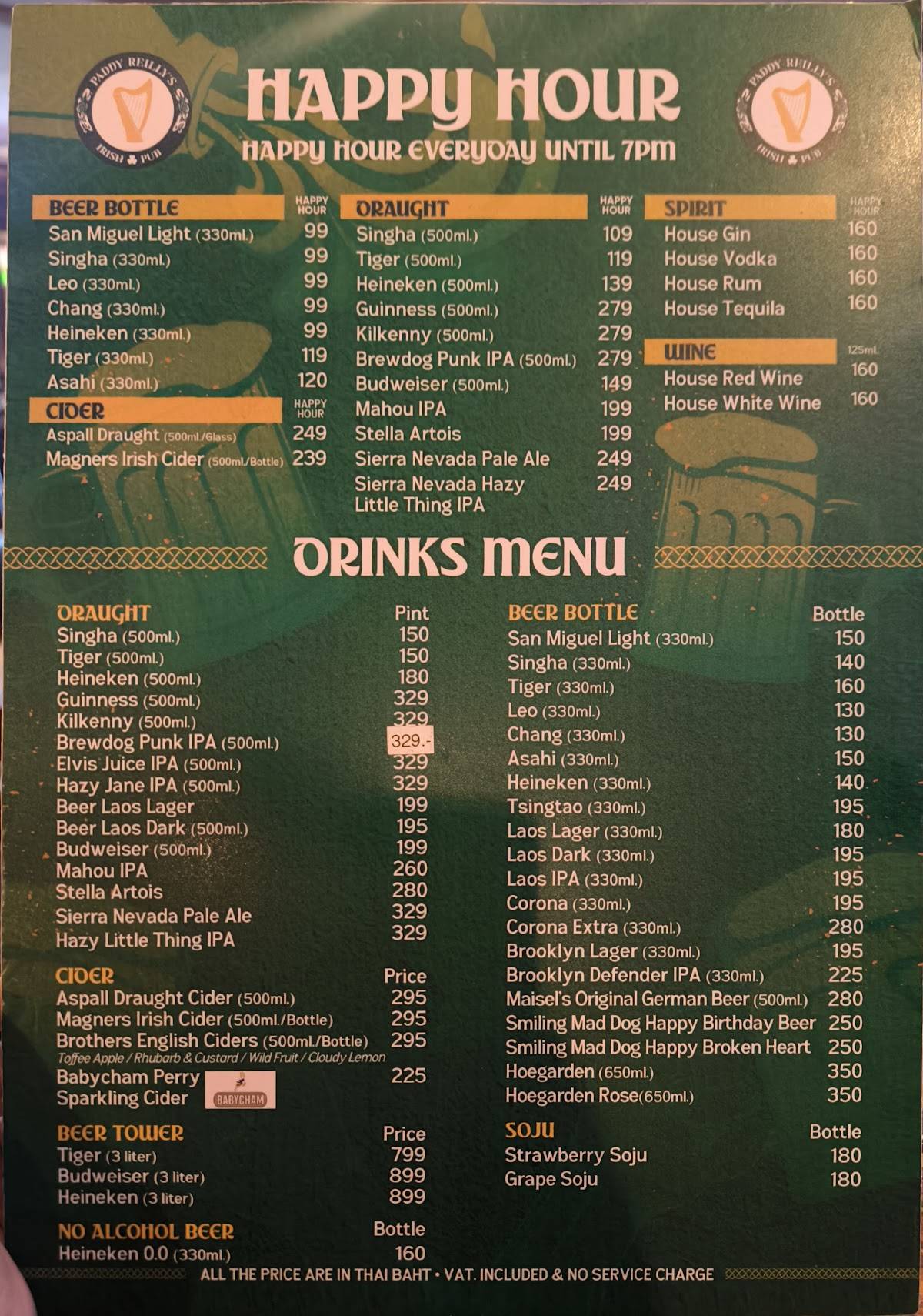Menu at Paddy Reilly’s Irish Pub, Bangkok