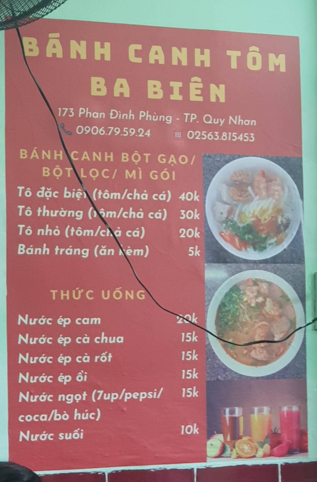 Menu at Bánh Canh Tôm Ba Biên restaurant, Qui Nhơn