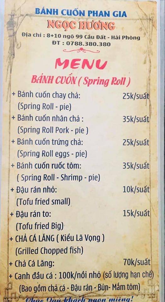 Menu at Bánh Cuốn Hải Phòng restaurant, Hai Phong, 8 Ngõ 99 P. Cầu Đất
