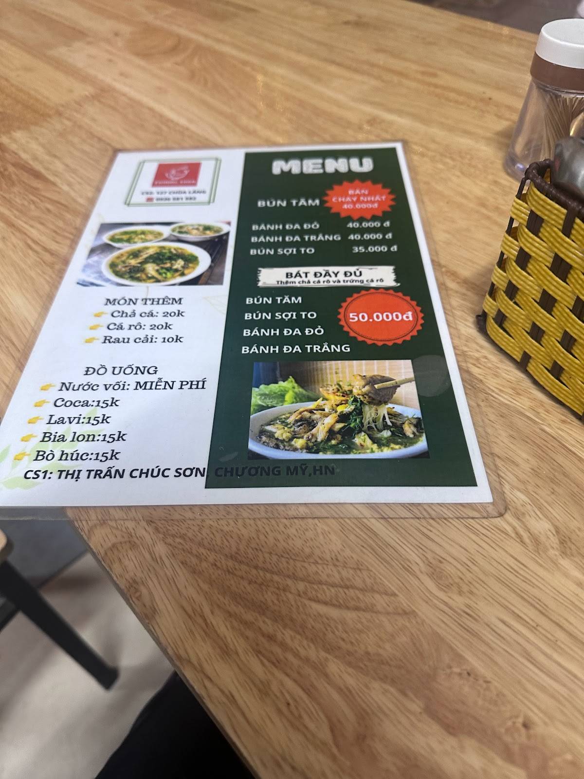 Menu at Bánh Đa Cá Rô Đồng Nướng restaurant, Hanoi