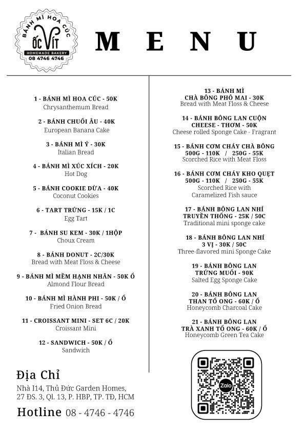 Carta de Bánh Mì Hoa Cúc ỐC VÍT, Ciudad Ho Chi Minh (Saigón)