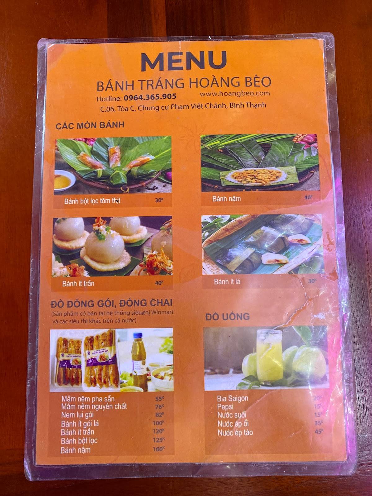 Menu at Bánh tráng Hoàng Bèo Sài Gòn restaurant, Ho Chi Minh City