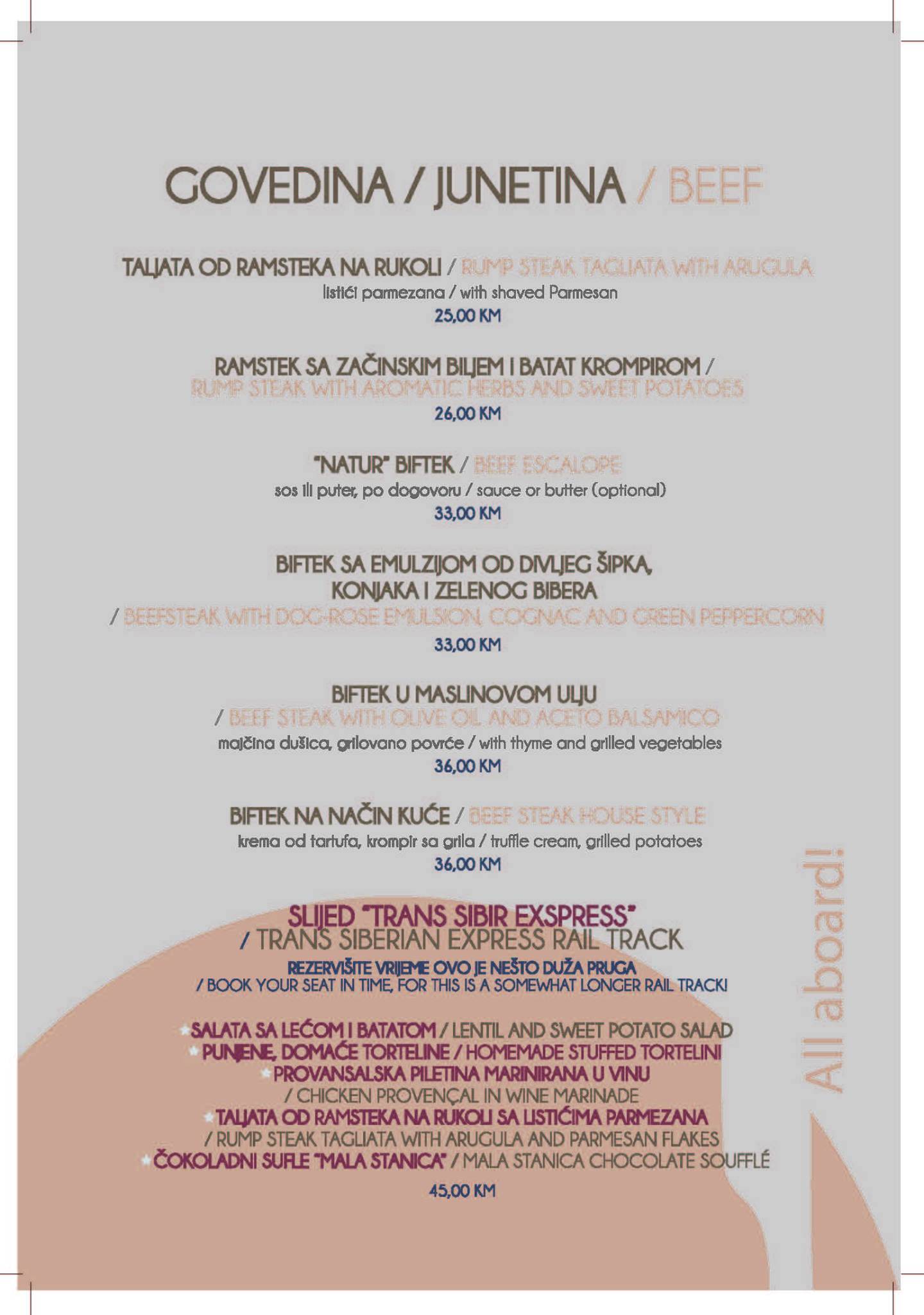 Menu at Mala Stanica restaurant, Banja Luka, Q5HX+952