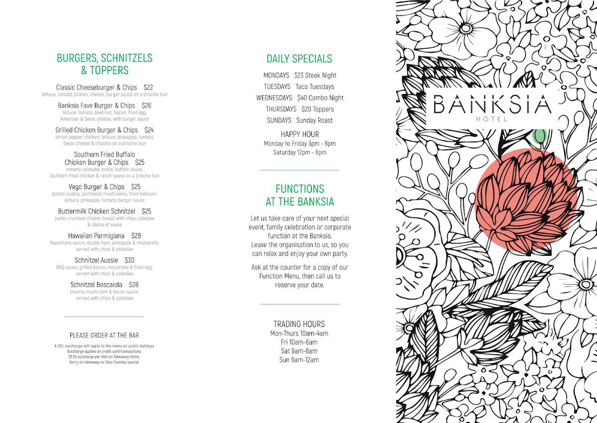Menu at Banksia Hotel pub & bar, Banksia