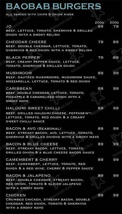 Menu at Baobab Cafe & Grill, Pretoria, Menlyn Shopping Centre