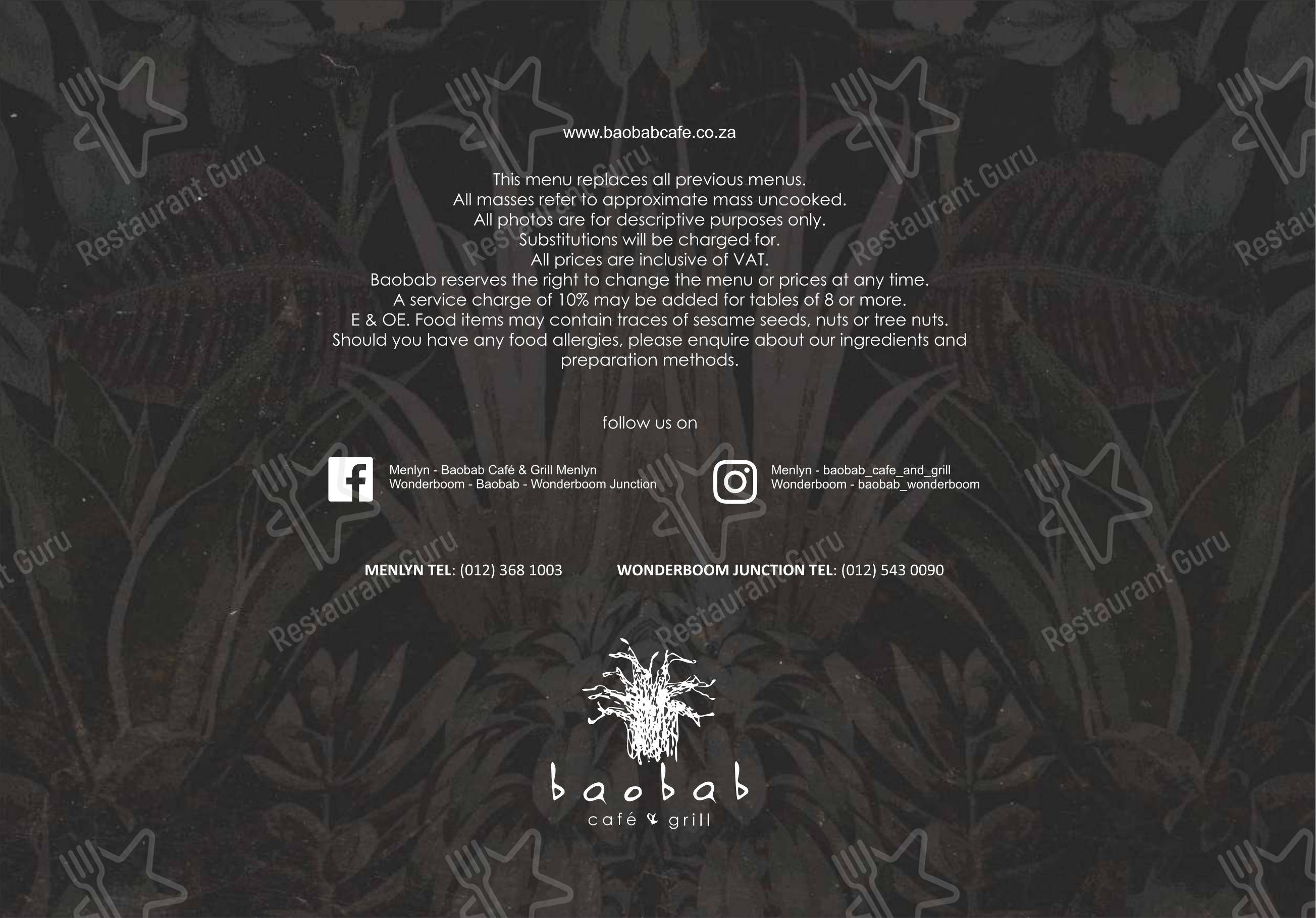 Menu at Baobab Cafe & Grill, Pretoria, Menlyn Shopping Centre