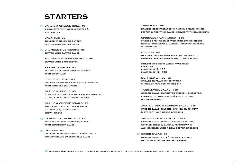 Menu at Baobab Cafe & Grill, Pretoria, Menlyn Shopping Centre