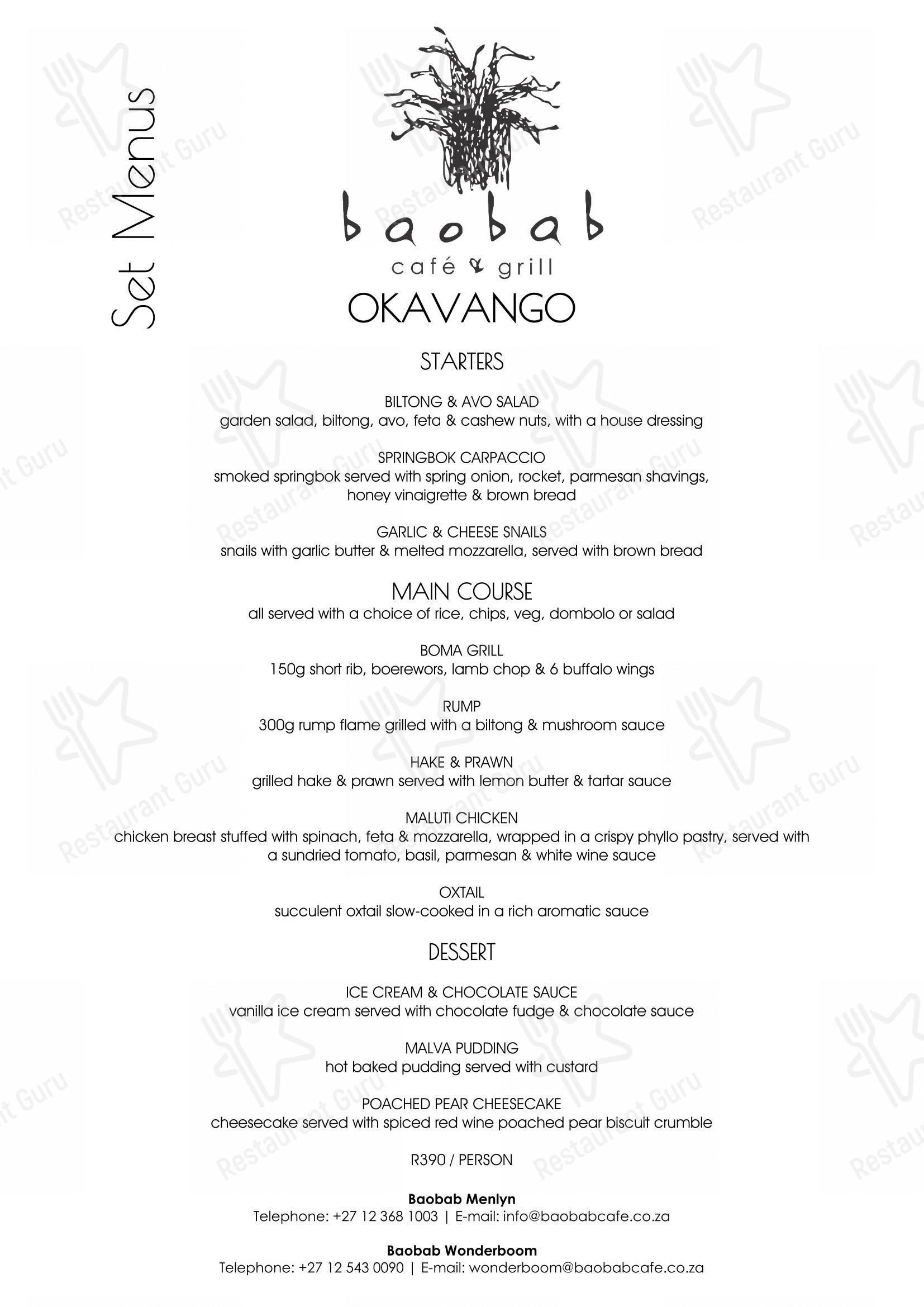 Menu at Baobab Cafe & Grill, Pretoria, Menlyn Shopping Centre