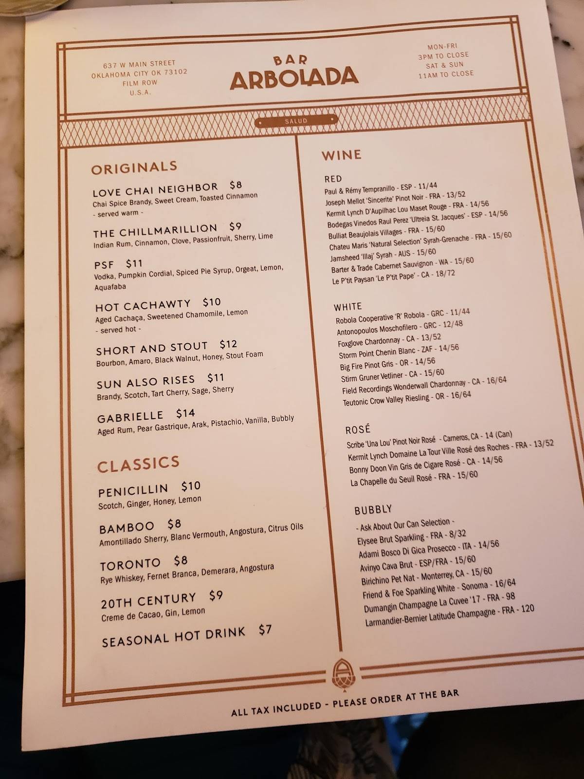 Menu at Bar Arbolada, Oklahoma City