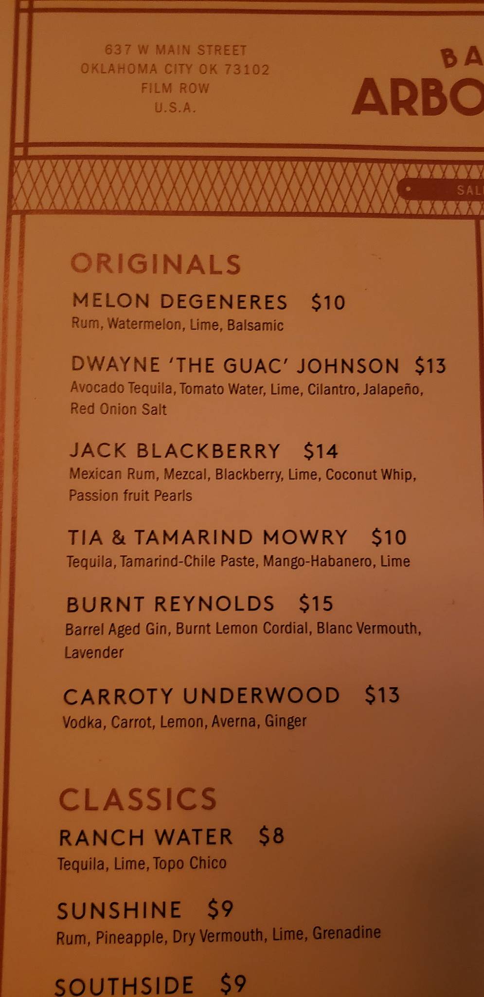 Menu at Bar Arbolada, Oklahoma City