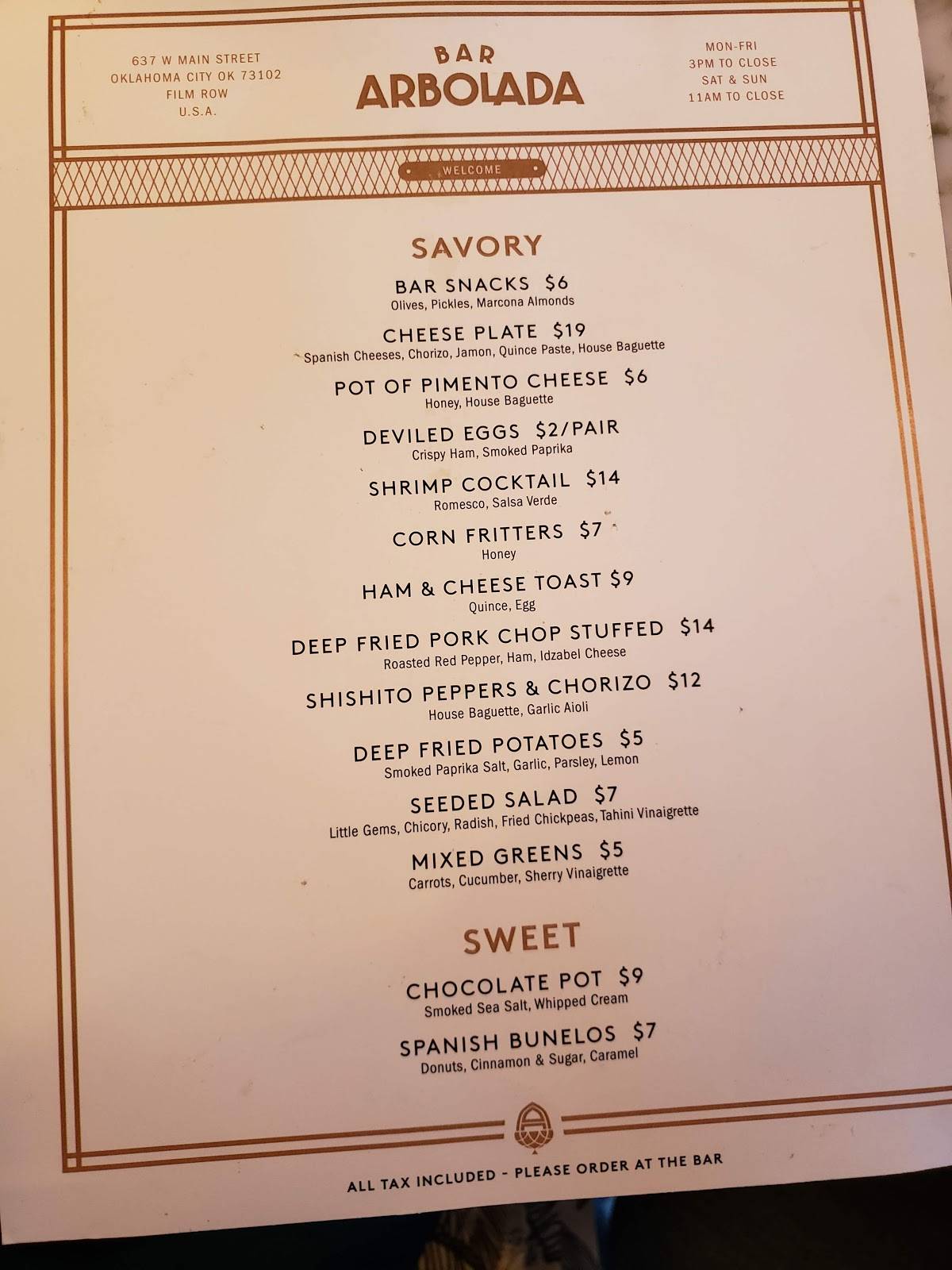 Menu at Bar Arbolada, Oklahoma City