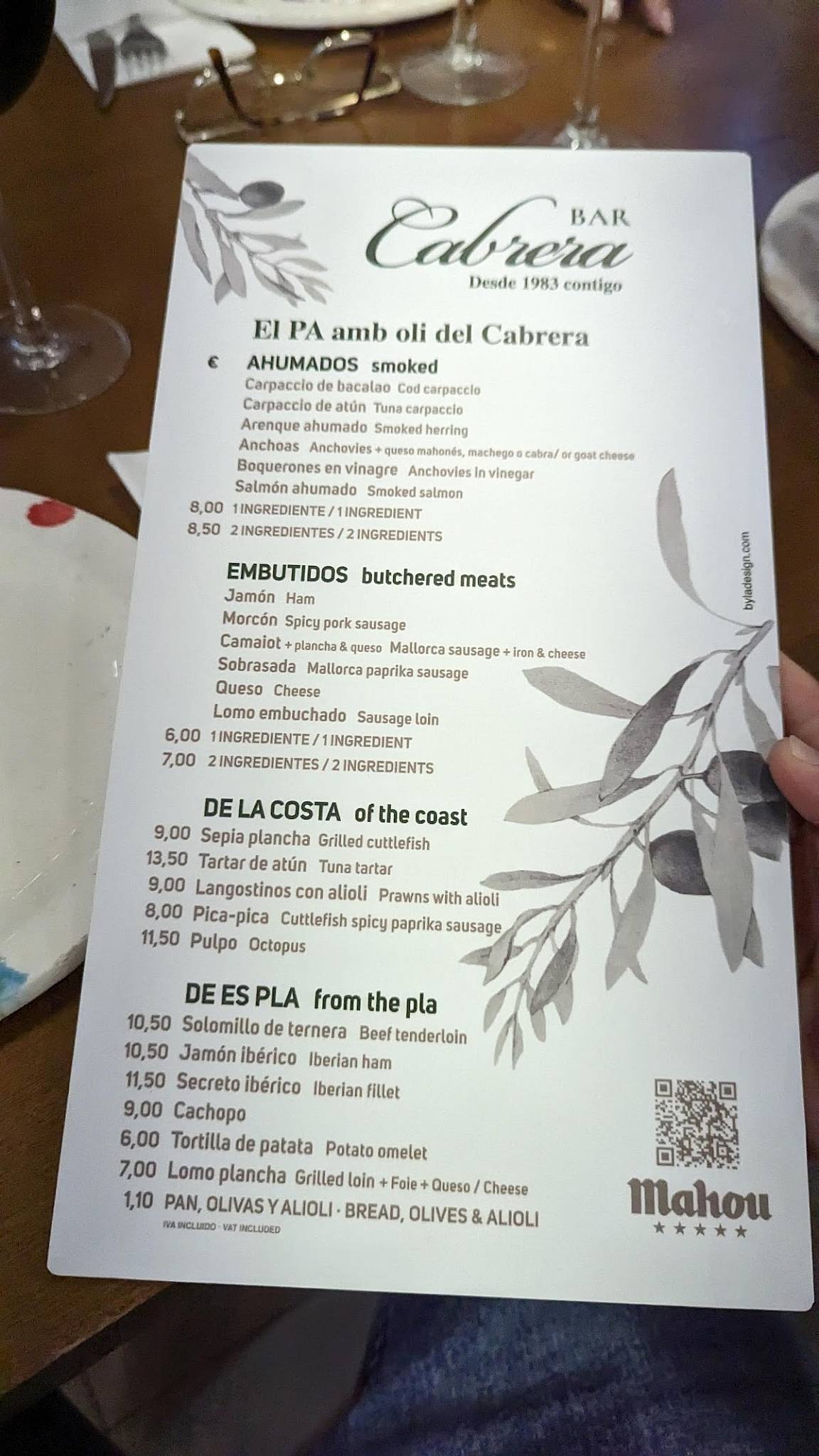 Carta de Bar Cabrera, Palma de Mallorca
