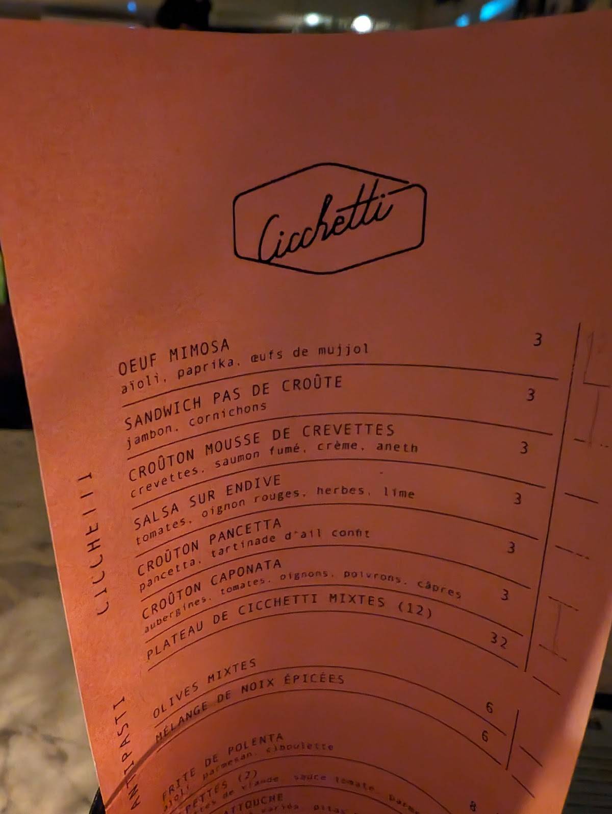 Menu au Bar Cicchetti, Montréal
