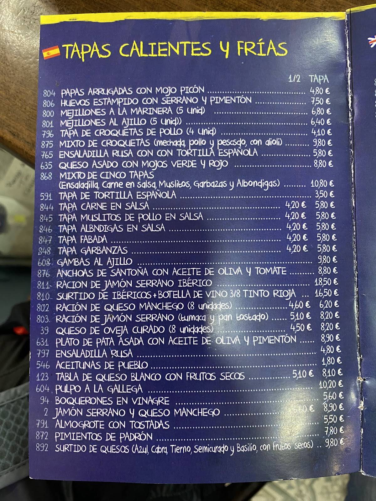 Menu at Bar Iberia., Puerto de la Cruz