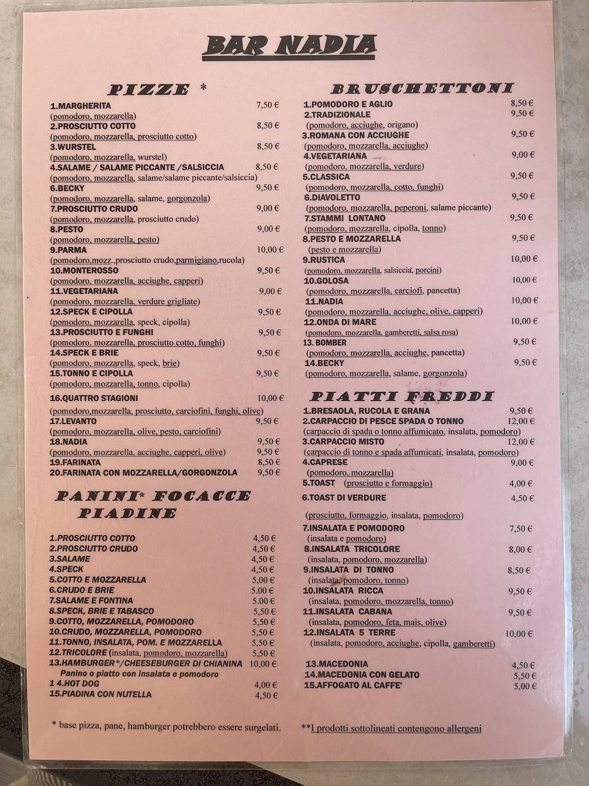 Menu da Bar Nadia, Levanto