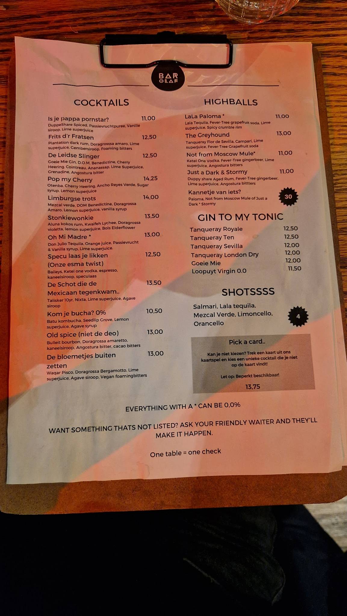 Speisekarte von Bar Olaf, Leiden