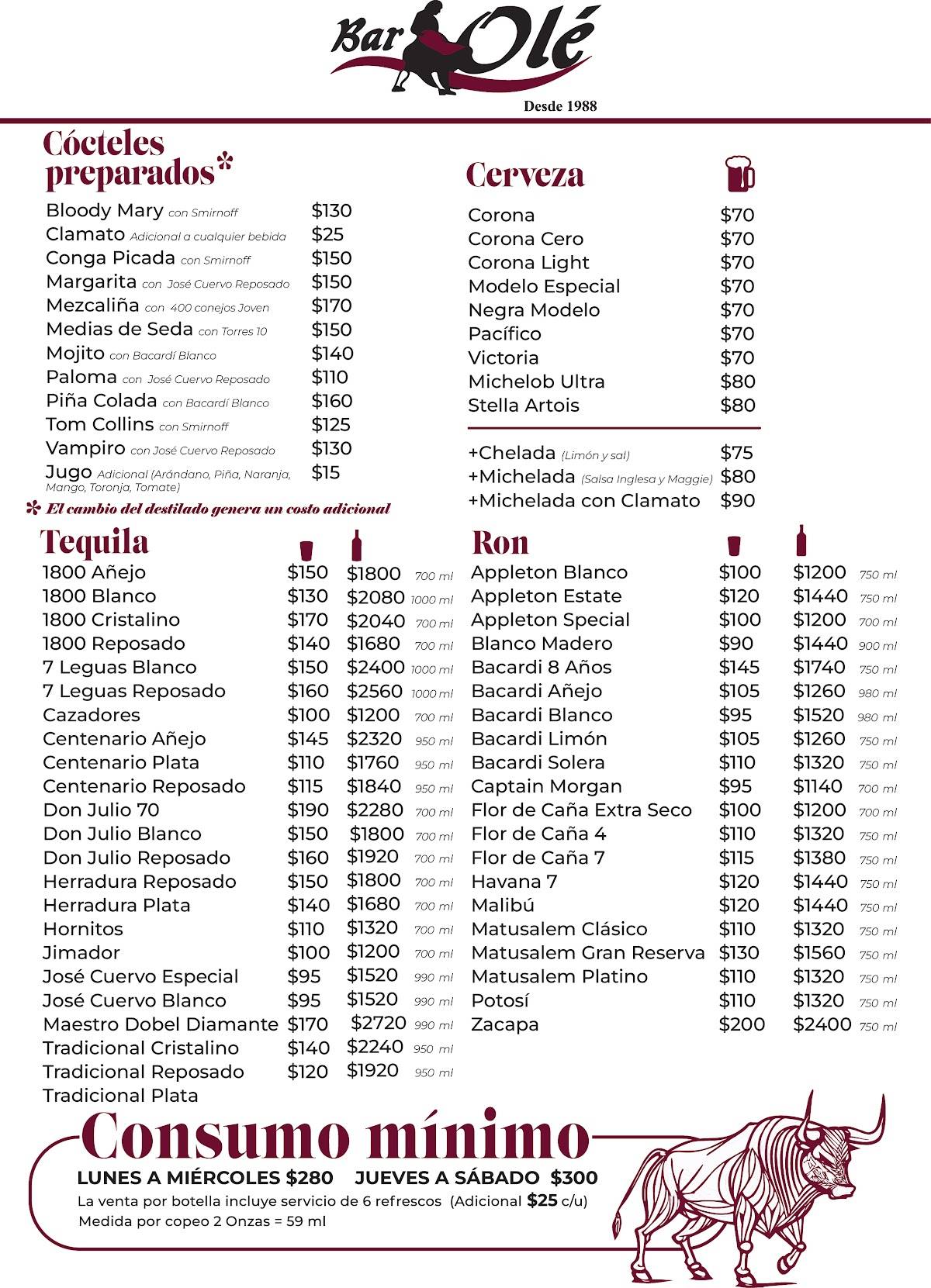Carta de Bar Olé, Santiago de Querétaro