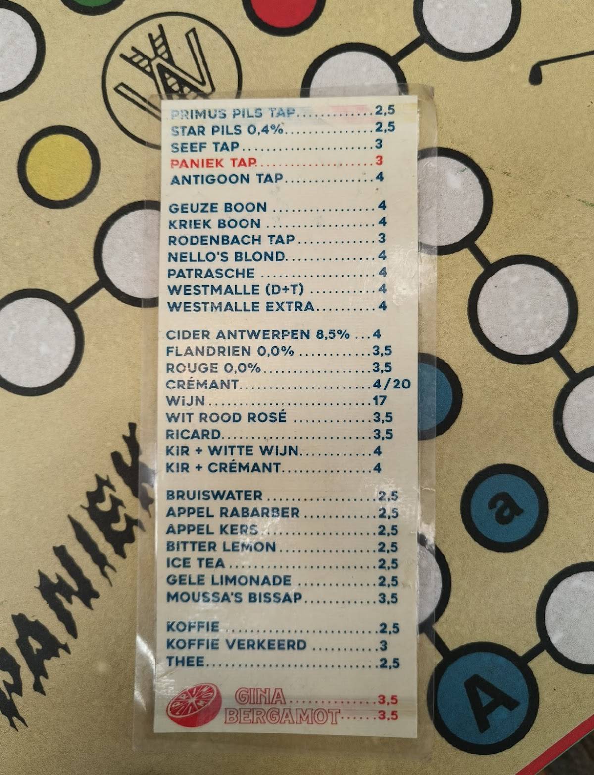 Menu at Bar Paniek, Antwerp