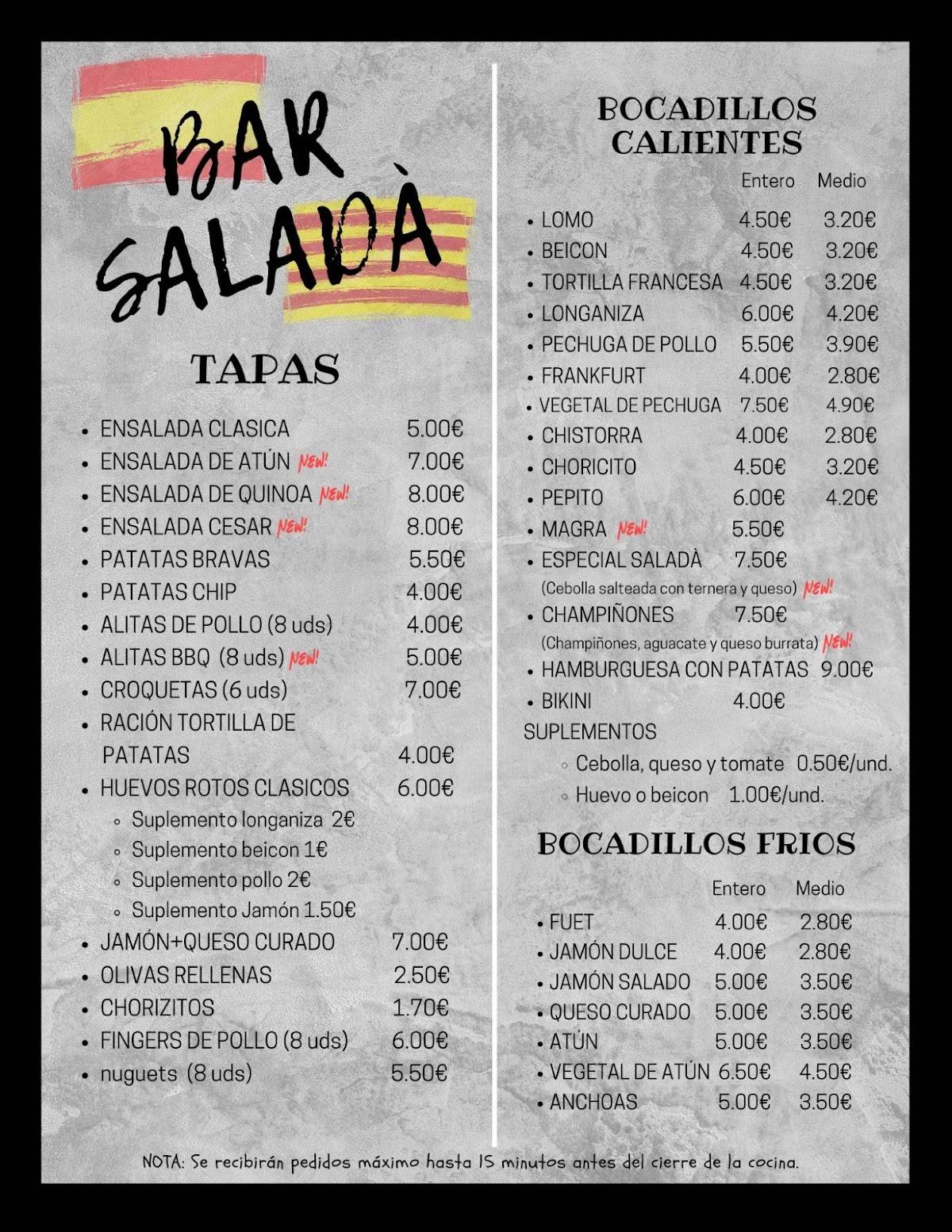 Menu at Bar Saladà, Alcarràs