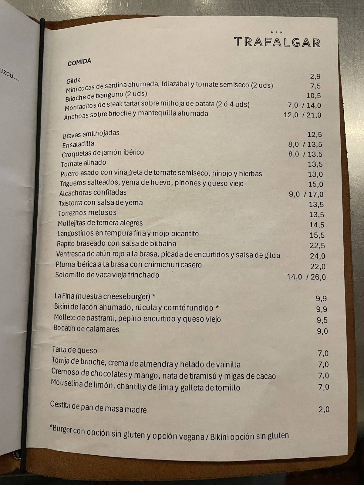 Carta de Bar Trafalgar, Madrid