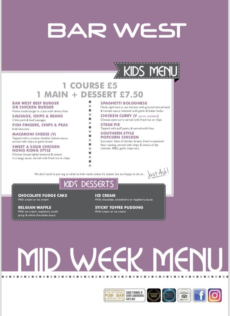 Menu at Bar West, Hamilton