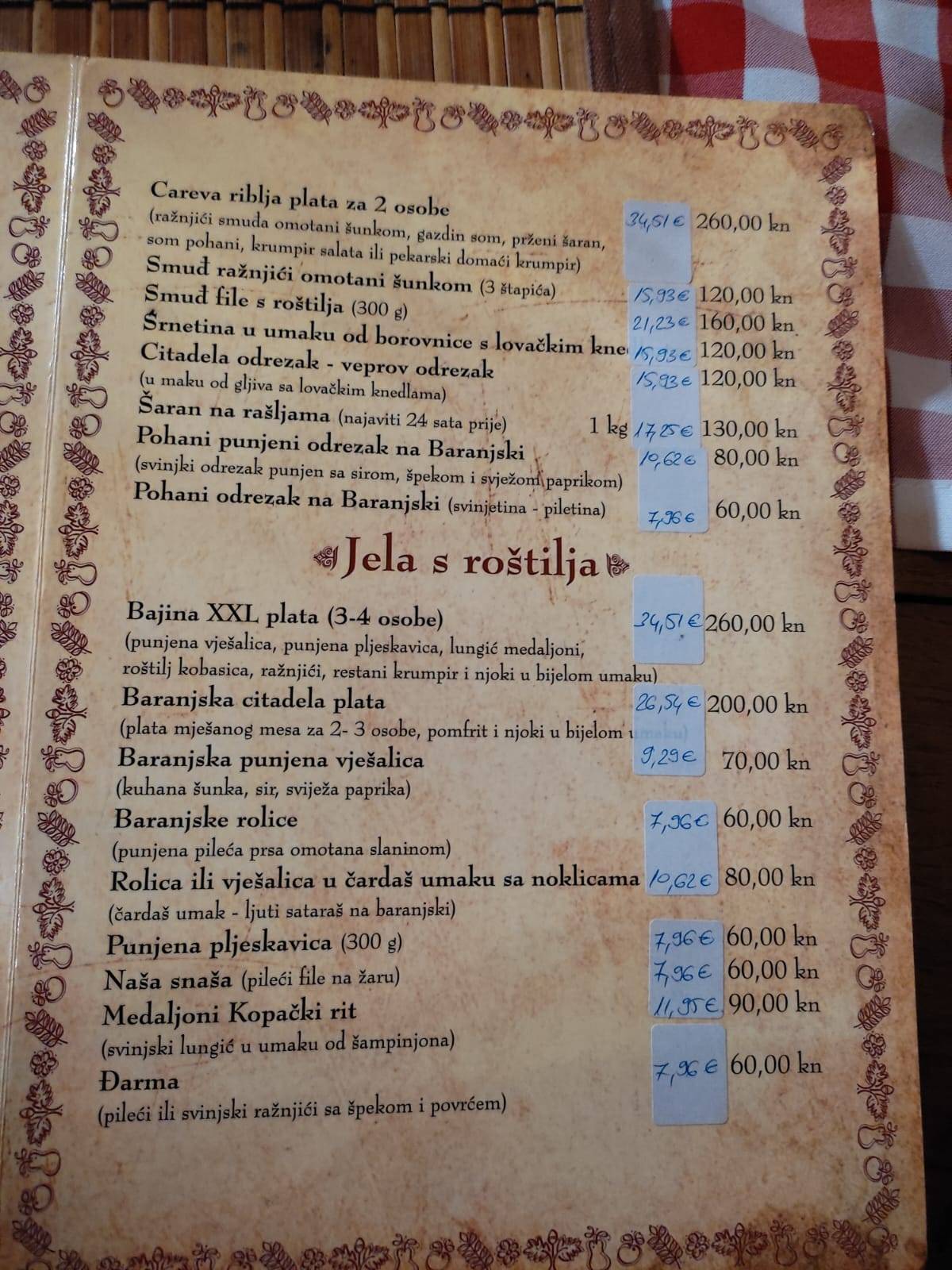 Menu at Baranjska Citadela, Zagreb, V Ravnice 10